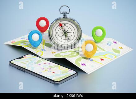 Smartphone, compass and GPS markers standing on navigation map. 3D ...