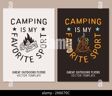 Camping flyer templates. Travel adventure posters set with line art and ...