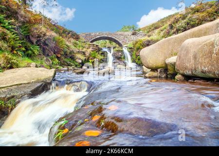Packhorse bridge over the river Dane at the Three Shires Head on Axe ...