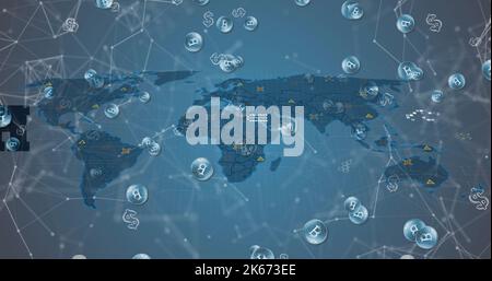 Image of connections and bitcoins over world map on blue background ...