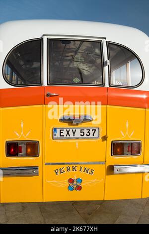 An old bright yellow Maltese bus waits at Marsaskala bus station in ...