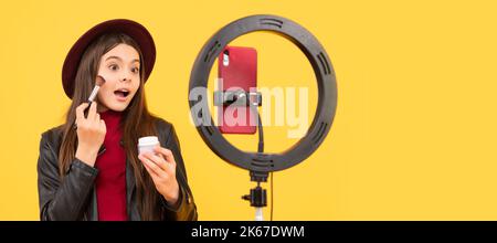 Kids selfie. Teenager child girl holding smartphone. Hipster girl with ...