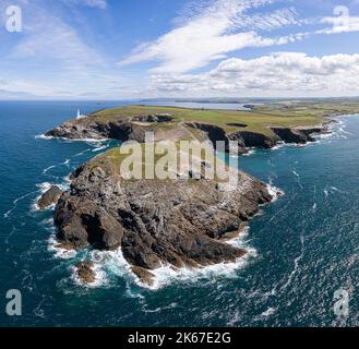 Aerial view of Trevose Head lighthouse in North Cornwall, England ...
