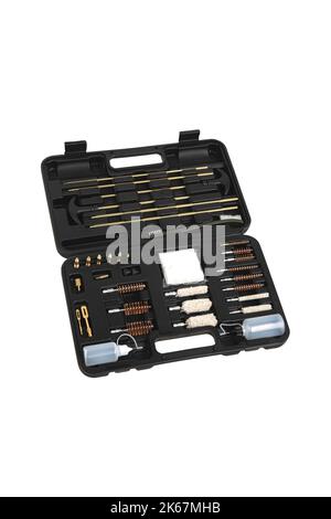 A set for cleaning weapons in a black case isolate on a white ...