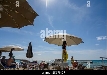 Sunbathers and beachgoers with sunbeds and parasols on Sottovento beach ...