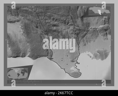 Clarendon, parish of Jamaica. Grayscale elevation map with lakes and ...