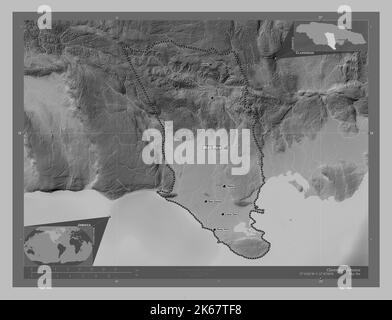 Clarendon, parish of Jamaica. Grayscale elevation map with lakes and ...