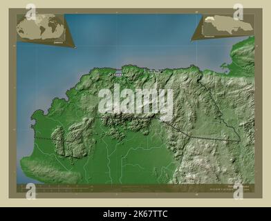 Hanover, parish of Jamaica. Colored elevation map with lakes and rivers ...