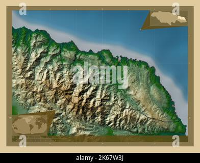 Portland, parish of Jamaica. Elevation map colored in sepia tones with ...