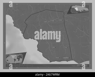 Saint Elizabeth, parish of Jamaica. Grayscale elevation map with lakes ...
