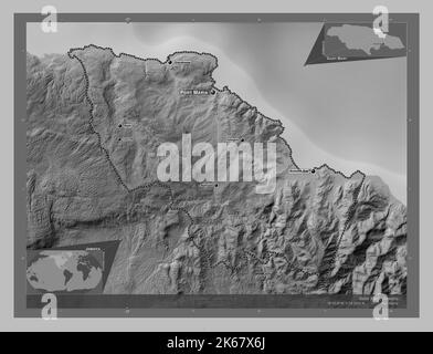 Saint Mary, parish of Jamaica. Grayscale elevation map with lakes and ...