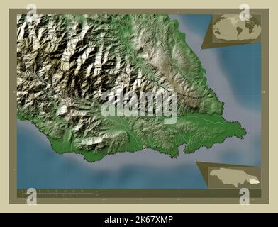 Saint Thomas, parish of Jamaica. Colored elevation map with lakes and ...
