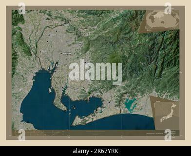 Aichi, prefecture of Japan. High resolution satellite map. Locations of ...