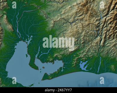 Aichi, prefecture of Japan. Colored elevation map with lakes and rivers ...