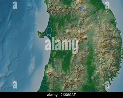 Akita, prefecture of Japan. Colored elevation map with lakes and rivers ...