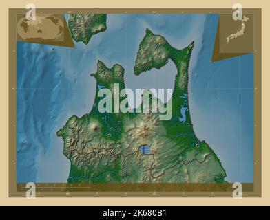 Aomori, prefecture of Japan. Colored elevation map with lakes and ...