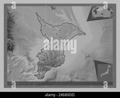 Chiba, prefecture of Japan. Grayscale elevation map with lakes and ...