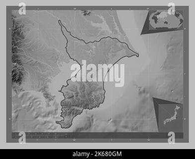 Chiba, prefecture of Japan. Grayscale elevation map with lakes and ...