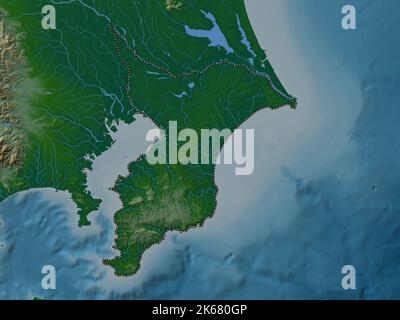 Chiba, prefecture of Japan. Colored elevation map with lakes and rivers ...