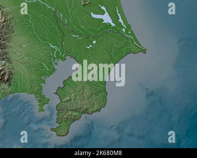 Chiba, prefecture of Japan. Colored elevation map with lakes and rivers ...