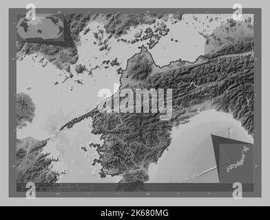 Ehime, prefecture of Japan. Grayscale elevation map with lakes and ...