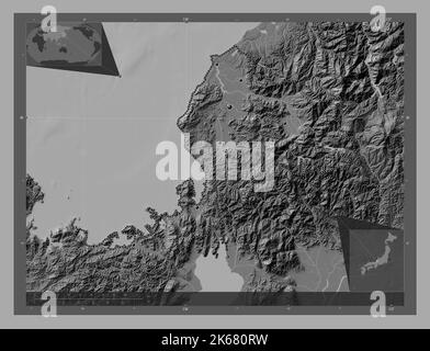 Fukui, prefecture of Japan. Bilevel elevation map with lakes and rivers ...