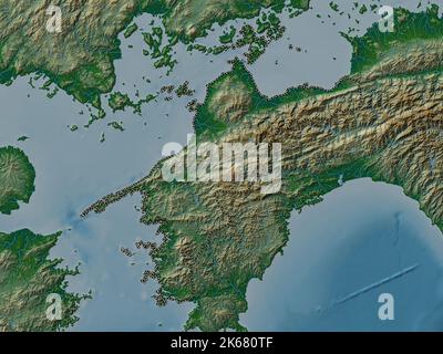 Ehime, prefecture of Japan. Colored elevation map with lakes and rivers ...