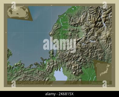Fukui, prefecture of Japan. Colored elevation map with lakes and rivers ...