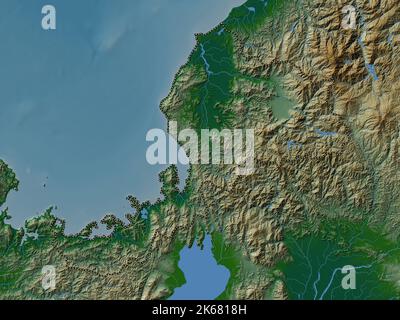 Fukui, prefecture of Japan. Colored elevation map with lakes and rivers ...