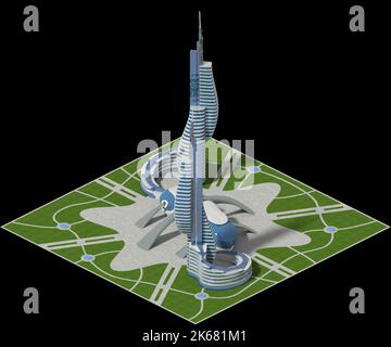 Futuristic architecture for a square tiled game rendered in dimetric ...