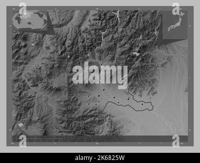 Gunma, prefecture of Japan. Grayscale elevation map with lakes and ...