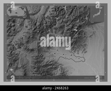 Gunma, prefecture of Japan. Grayscale elevation map with lakes and ...