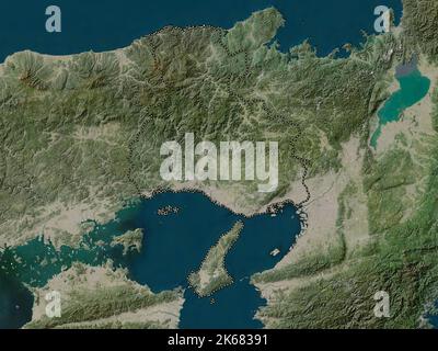 Hyogo, prefecture of Japan. Low resolution satellite map. Locations of ...