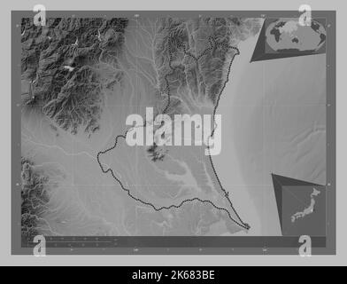 Ibaraki, prefecture of Japan. Grayscale elevation map with lakes and ...
