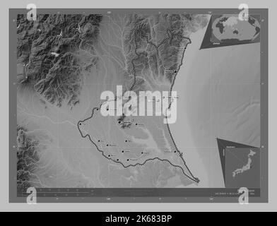 Ibaraki, prefecture of Japan. Grayscale elevation map with lakes and ...