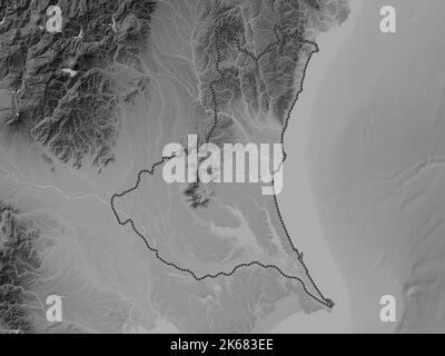 Ibaraki, prefecture of Japan. Grayscale elevation map with lakes and ...