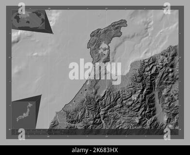Ishikawa, prefecture of Japan. Bilevel elevation map with lakes and ...