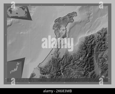 Ishikawa, prefecture of Japan. Grayscale elevation map with lakes and ...