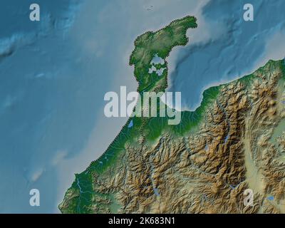 Ishikawa, prefecture of Japan. Colored elevation map with lakes and ...