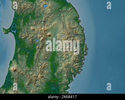 Iwate, prefecture of Japan. Colored elevation map with lakes and rivers ...