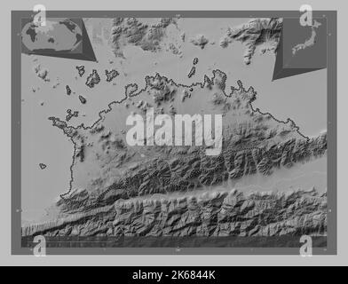 Kagawa, prefecture of Japan. Grayscale elevation map with lakes and ...
