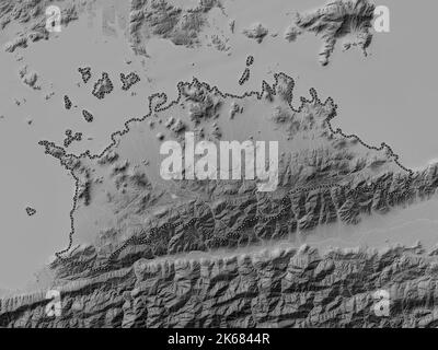 Kagawa, prefecture of Japan. Grayscale elevation map with lakes and ...
