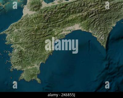 Kochi, prefecture of Japan. Low resolution satellite map. Locations of ...