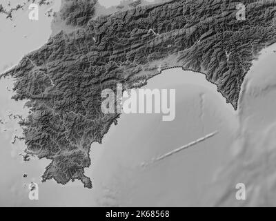 Kochi, prefecture of Japan. Grayscale elevation map with lakes and ...