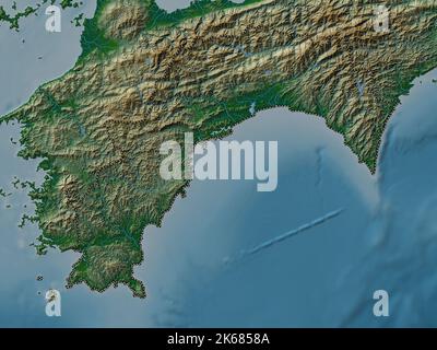 Kochi, prefecture of Japan. Colored elevation map with lakes and rivers ...