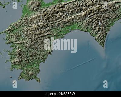 Kochi, prefecture of Japan. Colored elevation map with lakes and rivers ...