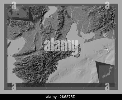 Mie, prefecture of Japan. Bilevel elevation map with lakes and rivers ...
