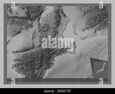 Mie, prefecture of Japan. Grayscale elevation map with lakes and rivers ...