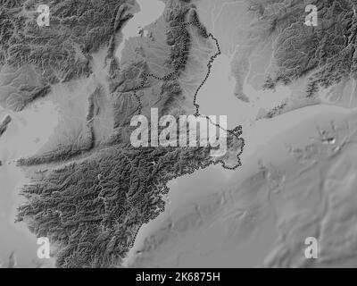 Mie, prefecture of Japan. Grayscale elevation map with lakes and rivers ...