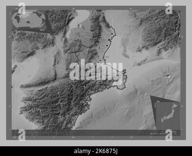 Mie, prefecture of Japan. Grayscale elevation map with lakes and rivers ...
